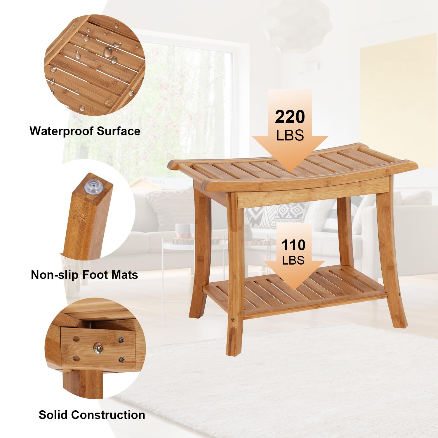 Kinsuite Bamboo Wooden Shower Bench Seat Bathroom Shower Chair with Storage Shelf Organizer Stool Indoor Bathing Bench for Inside Shower