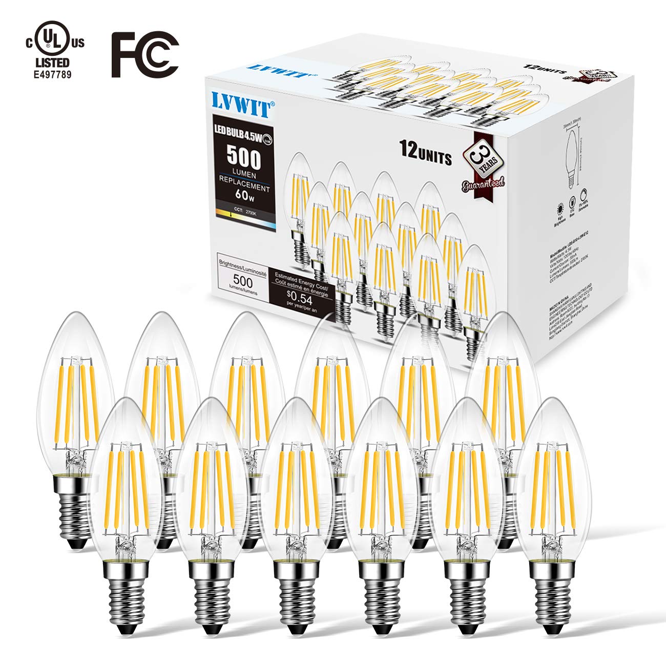 LVWIT B11 LED Edison Filament Bulb Dimmable 4.5W (60W Equivalent), E12 Candelabra Base 2700K Warm White Candle Light Bulb, UL-Listed (12 Pack)