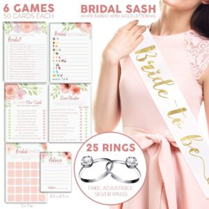 Floral Bridal Shower Games – Set of 6 (50 Cards Each) w/ Bride to Be Sash & 25 Adjustable Silver Diamond Engagement Rings – Luxury Pre-Wedding Party Favor Accessories