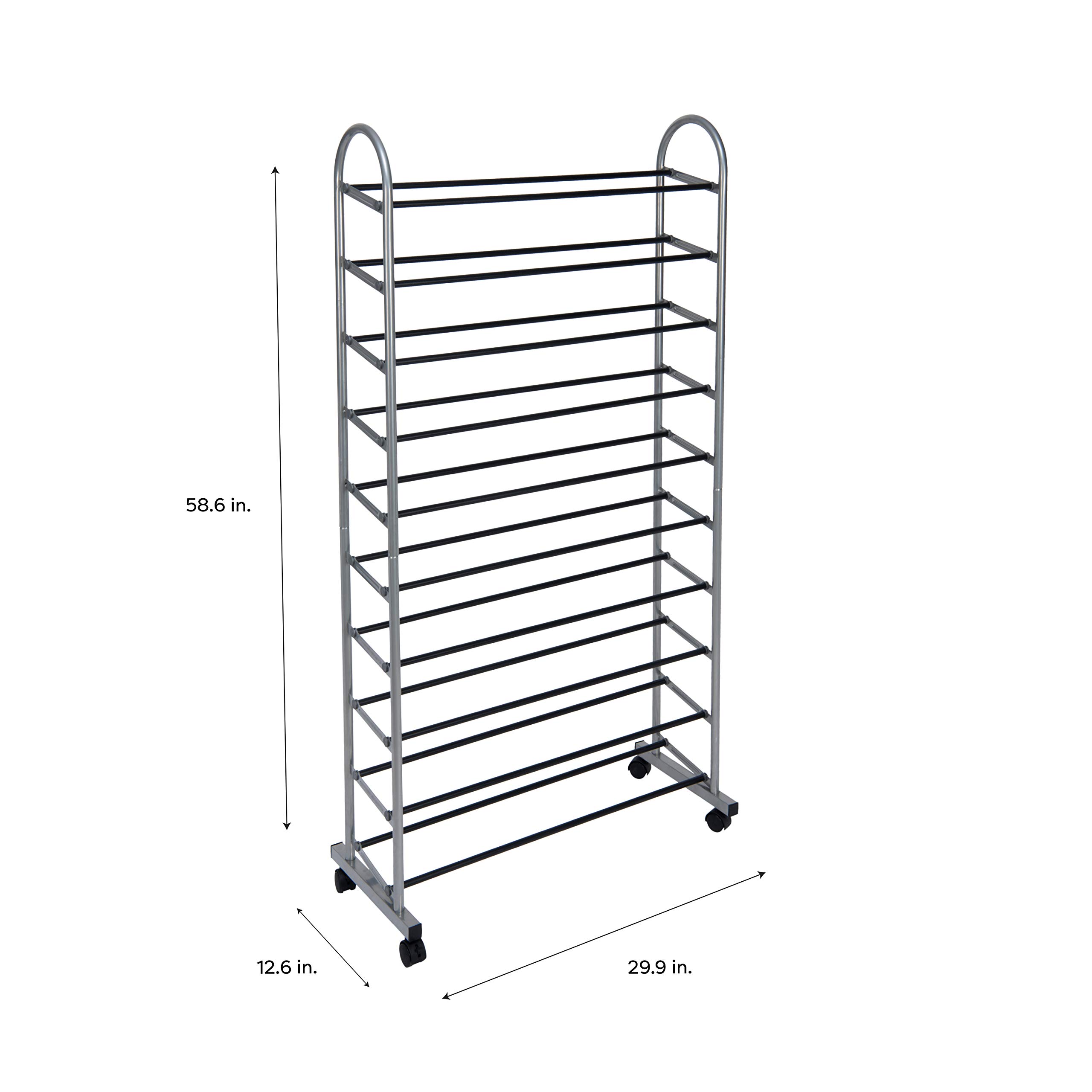 Simplify 10 Tier Mobile Shoe Rack | 40 Pairs Shoes | Free Standing | Wheels | Closet Storage | Bedroom Organization | Sneakers | Heels | Boots | Grey