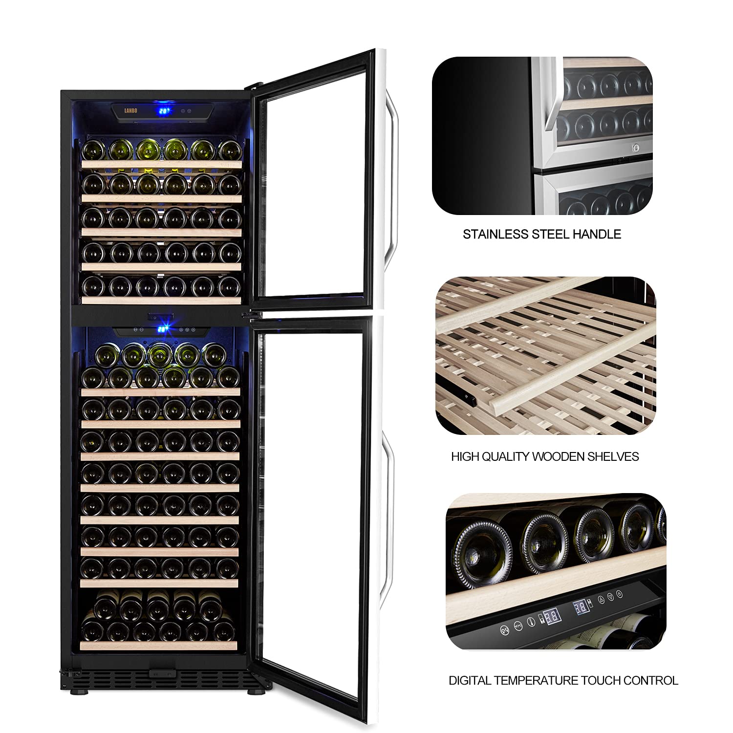 Lanbo Dual Door Dual Zone Built-in Wine Cooler with Front Exhaust, 162 Bottle