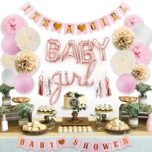 sweet baby co. pink baby shower decorations for girl with its a girl banner, baby girl letter balloons, flower pom poms, paper lanterns, tassels (rose gold, pink, ivory, white sprinkle set)