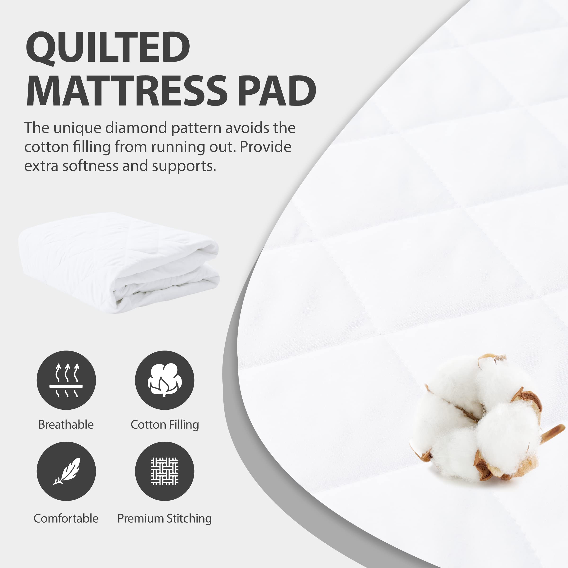 King Size Quilted Fitted Mattress Pad, Waterproof Breathable Soft Mattress Protector, Deep Pocket Fitted Style Bed Cover, Vinyl-Free