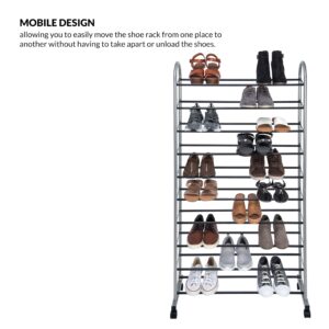 Simplify 10 Tier Mobile Shoe Rack | 40 Pairs Shoes | Free Standing | Wheels | Closet Storage | Bedroom Organization | Sneakers | Heels | Boots | Grey