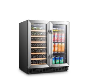 lanbo wine cooler refrigerator, 30 inch 33 bottle and 70 can under counter beverage fridge with stainless steel glass door, safety lock and digital memory touch control