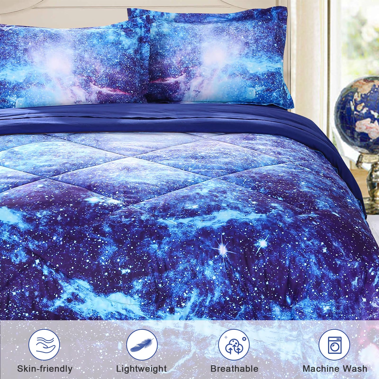 Wowelife Galaxy Bedding Comforter Set Full 5 Pieces Blue Outer Space Kids Full Size Comforter Bed Set for Teen Boys and Girls Lightweight with Comforter, Flat Sheet, Fitted Sheet and 2 Pillowcases