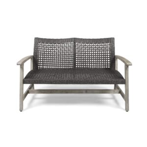 gdfstudio outdoor wood and wicker loveseat, light gray finish with mix black wicker