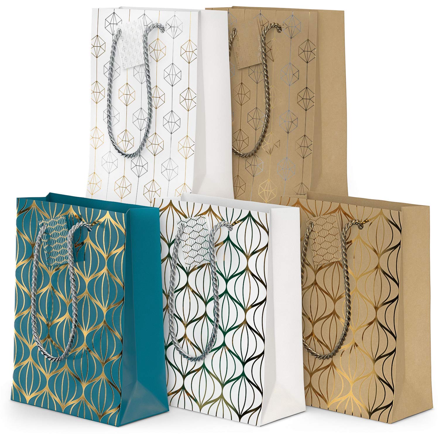 Arteza Gift Bags, 9.5 x7 x 3.4 Inches, Set of 15 with an Assortment of 2 Unique Metallic Foil Designs on 6 Kraft, 6 White, and 3 Blue Paper Bags, 3 of Each Style