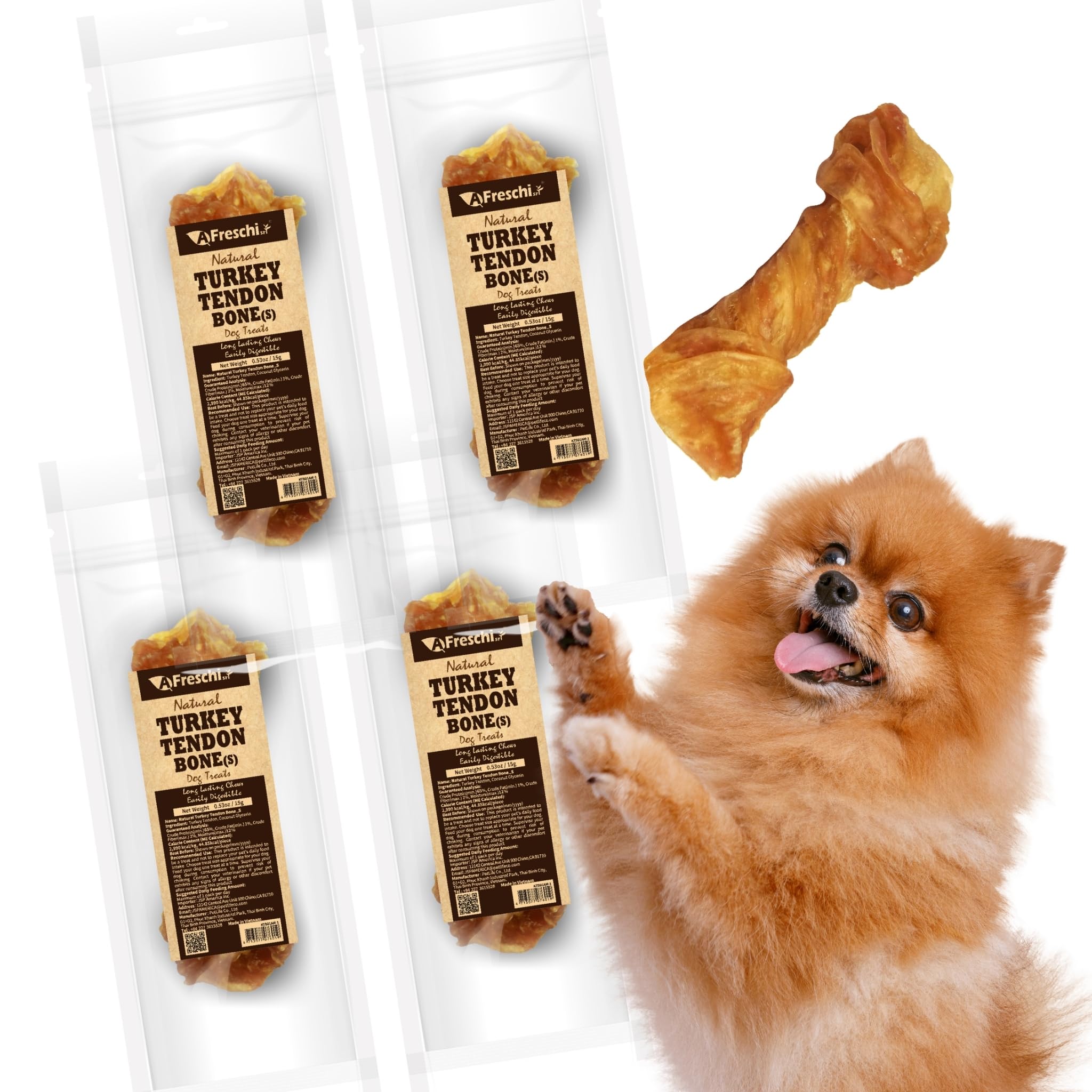 Afreschi Turkey Tendon for Dogs, Dog Treats for Signature Series, All Natural Human Grade Puppy Chew, Turkey Sourced from USA, Hypoallergenic, Rawhide Alternative, 4 Units/Pack Bone (Small)