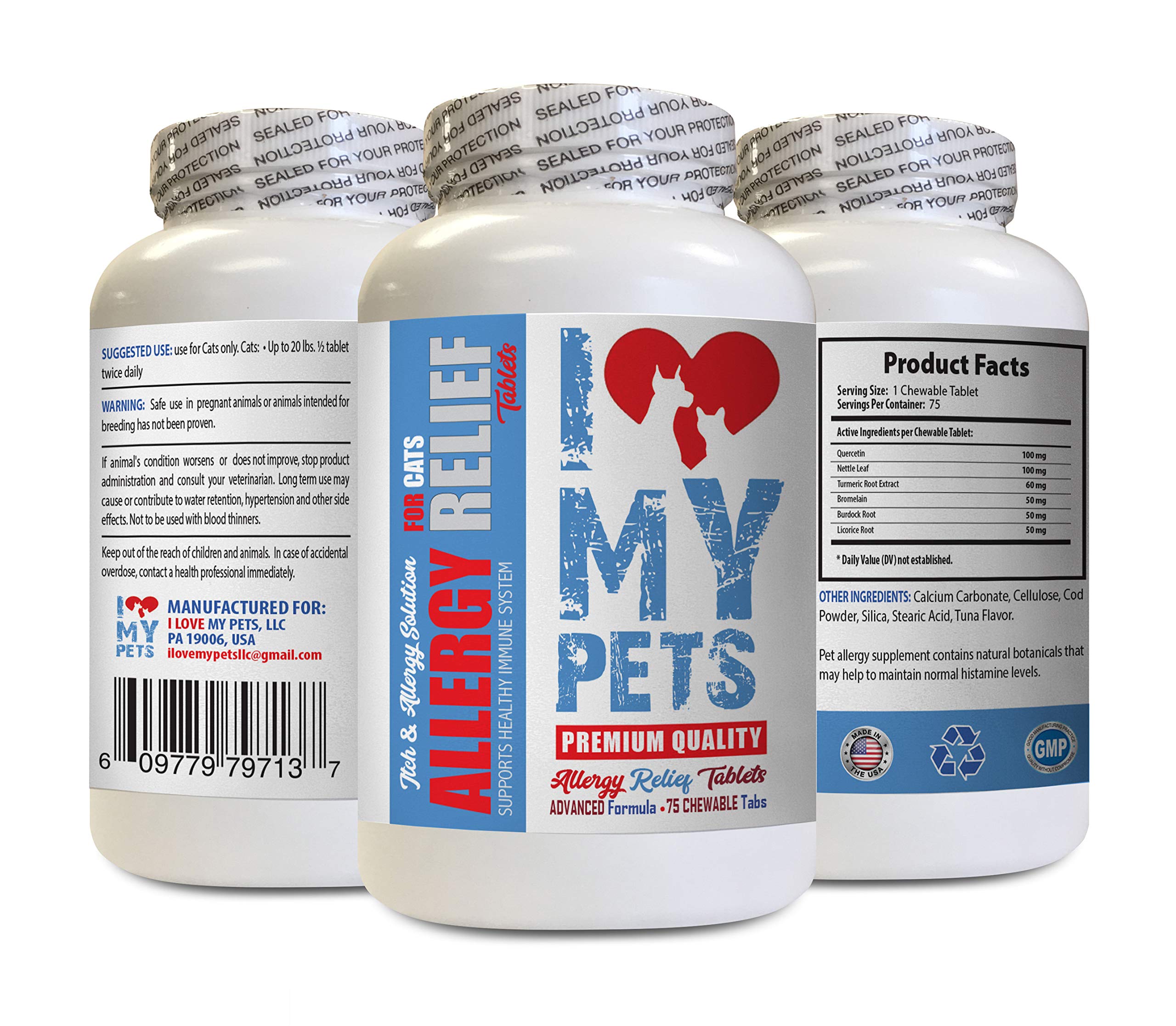 I Love My Pets Allergy Supplement for Cats - Cats Allergy Relief - Itch Relief - Premium Supplement - Treats - Itch Relief Cats - 75 Tablets (1 Bottle)