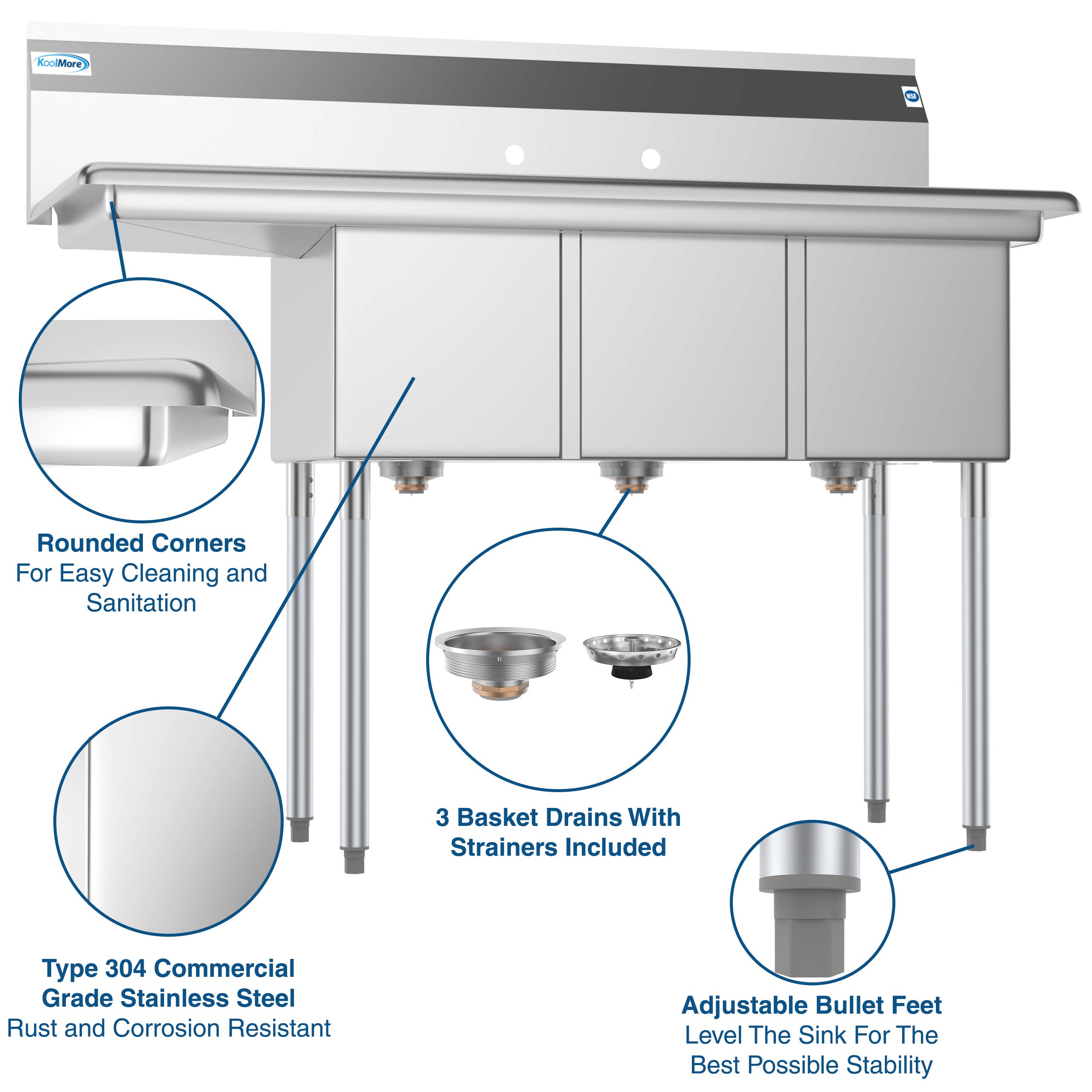 KoolMore 3 Compartment Stainless Steel NSF Commercial Kitchen Sink with Drainboard - Bowl Size 12" x 16" x 10",Silver