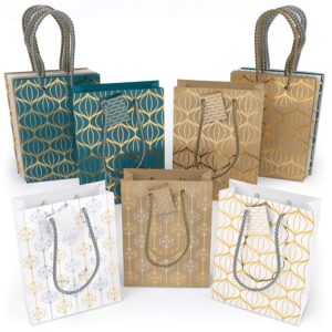 arteza gift bags, 9.5 x7 x 3.4 inches, set of 15 with an assortment of 2 unique metallic foil designs on 6 kraft, 6 white, and 3 blue paper bags, 3 of each style