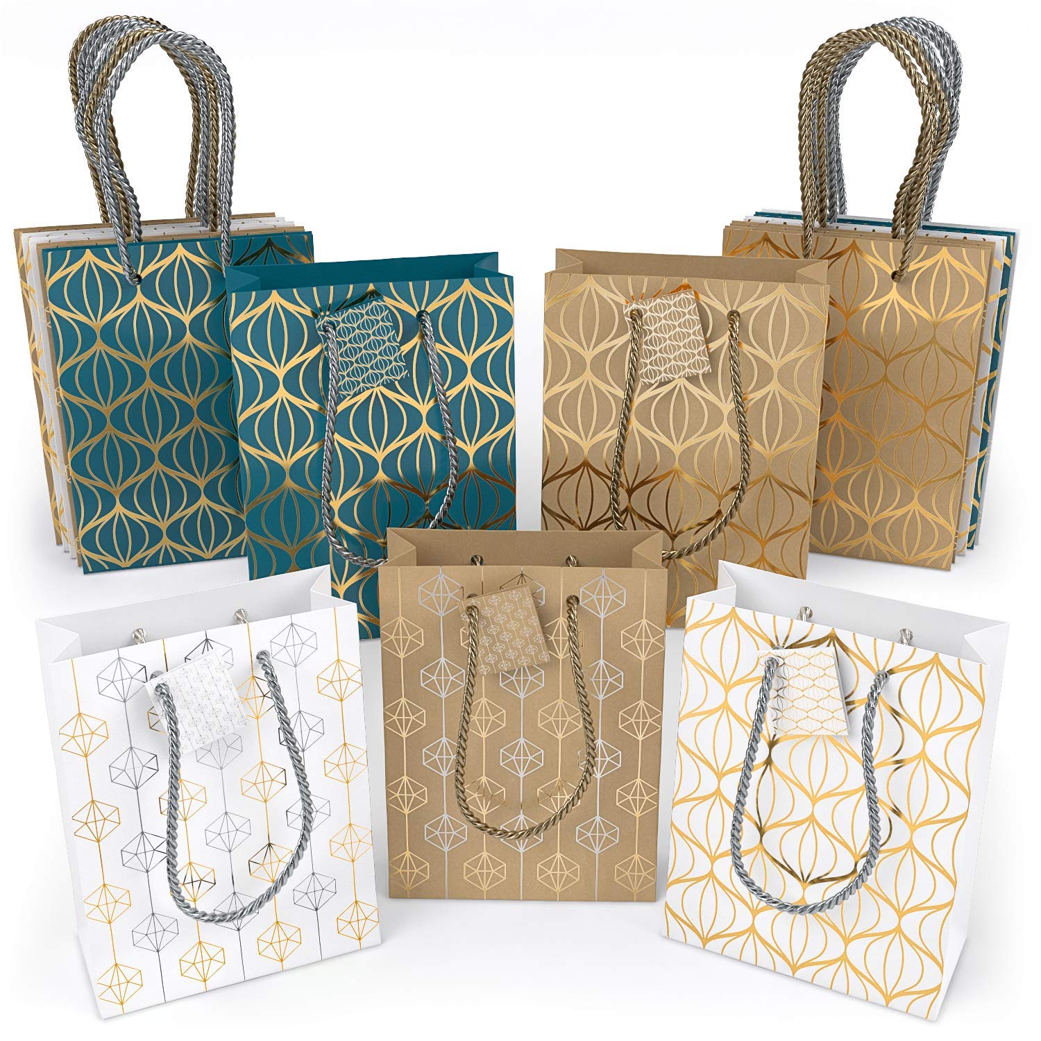 Arteza Gift Bags, 9.5 x7 x 3.4 Inches, Set of 15 with an Assortment of 2 Unique Metallic Foil Designs on 6 Kraft, 6 White, and 3 Blue Paper Bags, 3 of Each Style