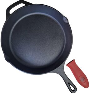 la cuisine 12 inch cast iron skillet frying pan with matte black enamel coating silicone thermal resistant handle sleeve is included. ideal for both indoor and outdoor, oven safe