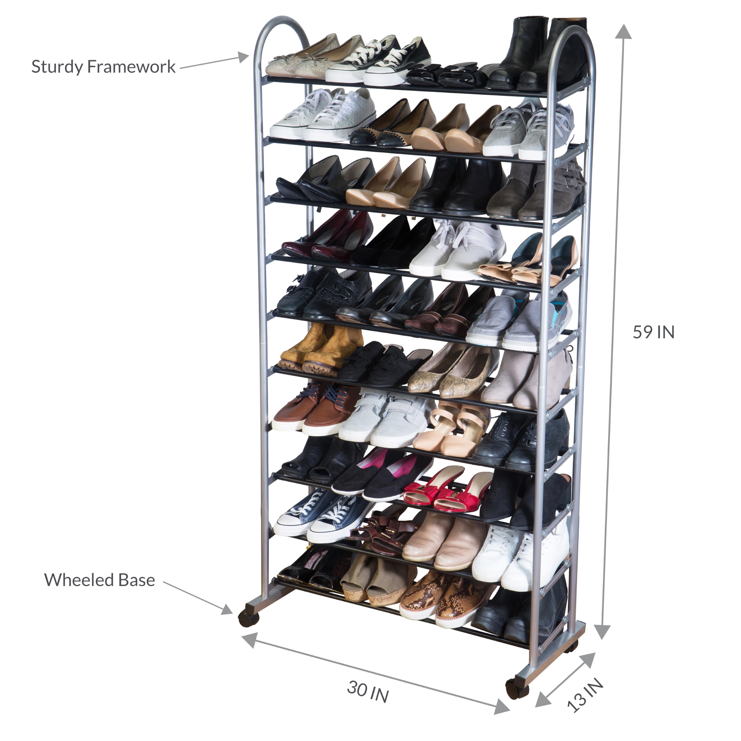 Simplify 10 Tier Mobile Shoe Rack | 40 Pairs Shoes | Free Standing | Wheels | Closet Storage | Bedroom Organization | Sneakers | Heels | Boots | Grey