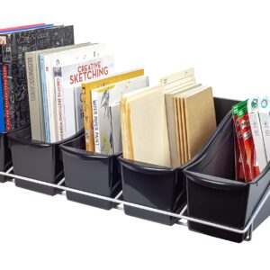 Storex Large Book Bins, Metal Shelf Rack Included, Black, Set of 5 (71129U01C)