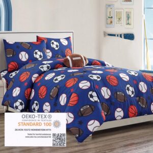 WPM Kids Collection Bedding 4 Piece Blue Twin Size Comforter Set with Sheet Pillow sham and Plush Football Pillow Soccer Baseball Basketball Fun Sports Design (Football, Twin Comforter)