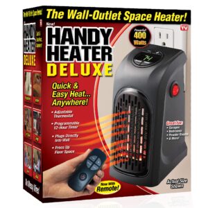 ontel handy heater deluxe with remote | 400 watt plug-in personal heater | compact design | quick and easy heat | digital display | great for travel | on/off with timer