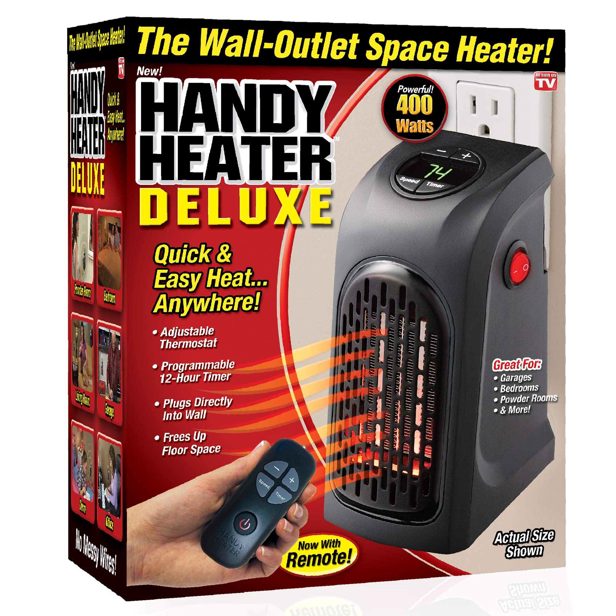 Ontel Handy Heater Deluxe with Remote | 400 Watt Plug-In Personal Heater | Compact Design | Quick and Easy Heat | Digital Display | Great for Travel | On/Off with Timer