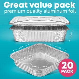 8x8 Disposable Aluminum Pans With Lids - 20 Pack Foil Pans For Cooking, Baking Cakes, Roasting & Homemade Breads - Disposable Food Containers With Foil Lids