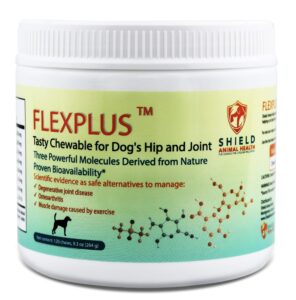 sheild animal health flexplus for dog's hip & joint. relieve pain and inflammation from arthritis, joint disease, and muscle damage. pharmaceutical grade.clinically proven absorption.120 chews. chicken flavor. made in usa