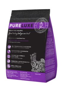 pureluxe grain and gluten free dog food, turkey, split peas, and salmon elite nutrition, for small breed dogs at all life stages, made in the usa, 11lbs