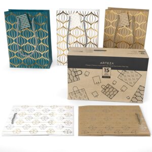 Arteza Gift Bags, 9.5 x7 x 3.4 Inches, Set of 15 with an Assortment of 2 Unique Metallic Foil Designs on 6 Kraft, 6 White, and 3 Blue Paper Bags, 3 of Each Style