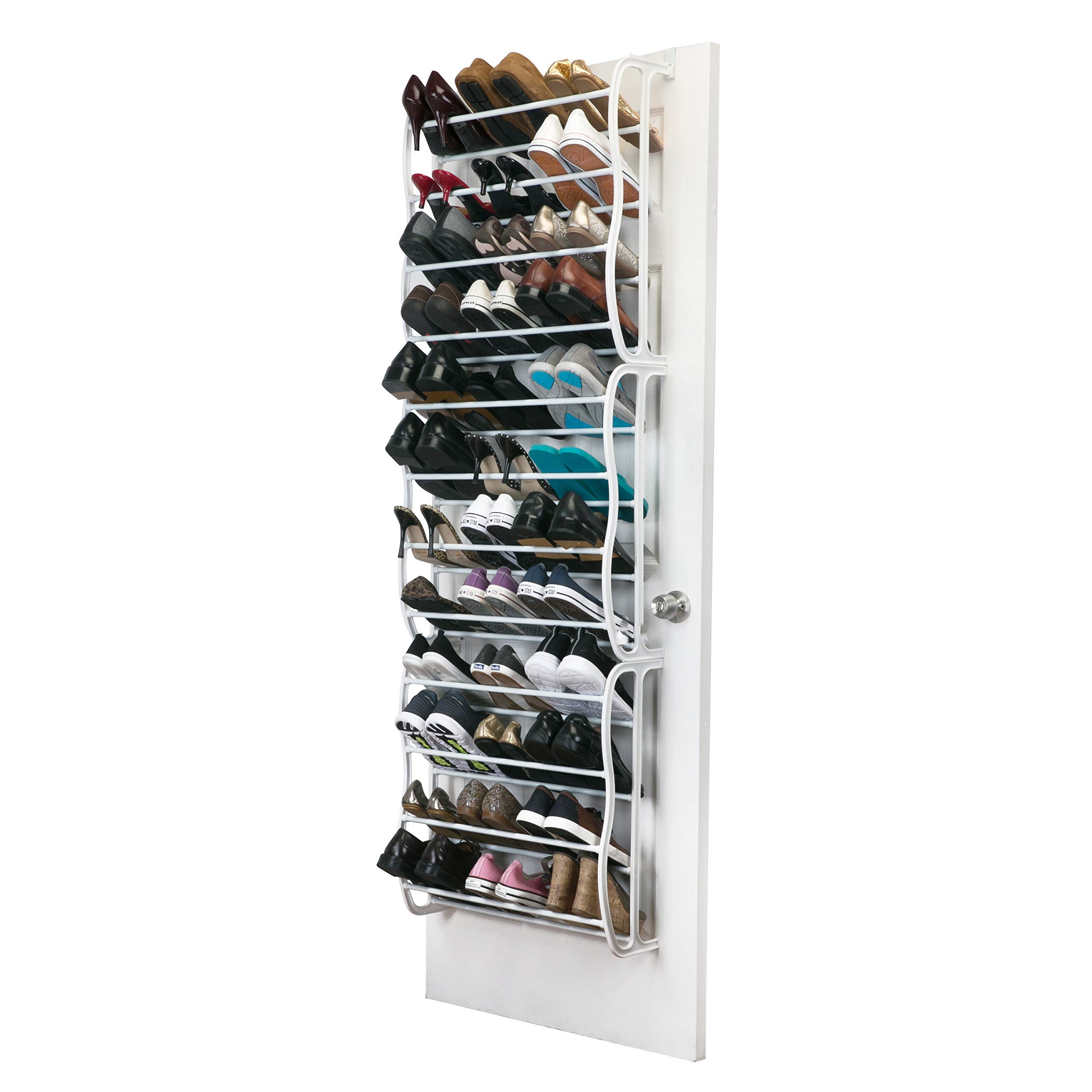 Simplify 36 Pair Adjustable Hanging Over the Door Shoe Rack, 12 Tier, in White