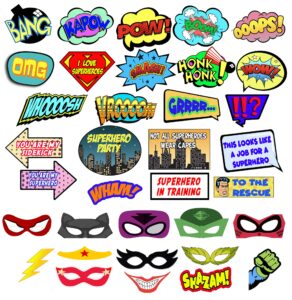 superhero photo booth props – comic superhero party decorations set – 35 colorful superhero props, signs and mask for birthday decor, wedding, bachelorette party by scapa pro