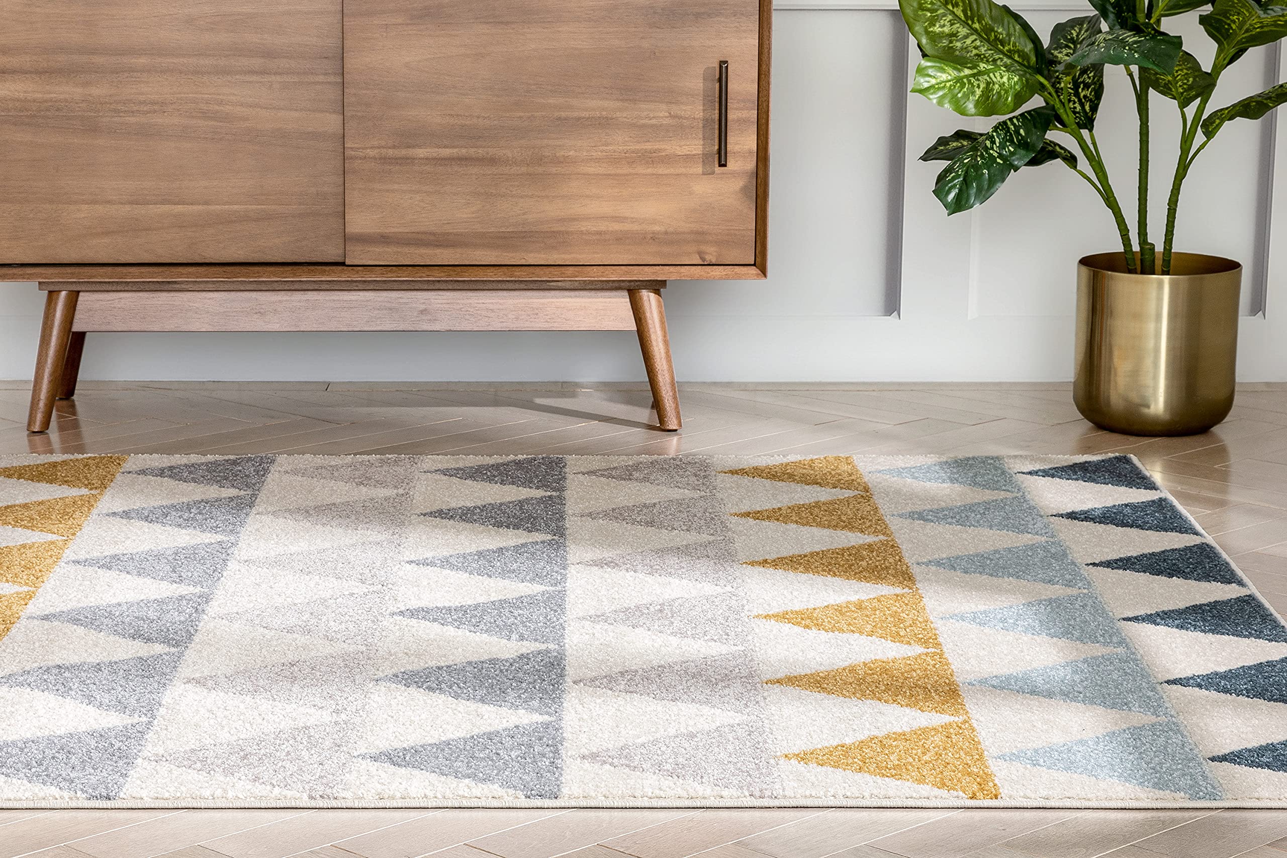 Well Woven Lincoln Modern Scandinavian Triangles Geometric Gold & Blue Area Rug 3x5 (3'11" x 5'3")