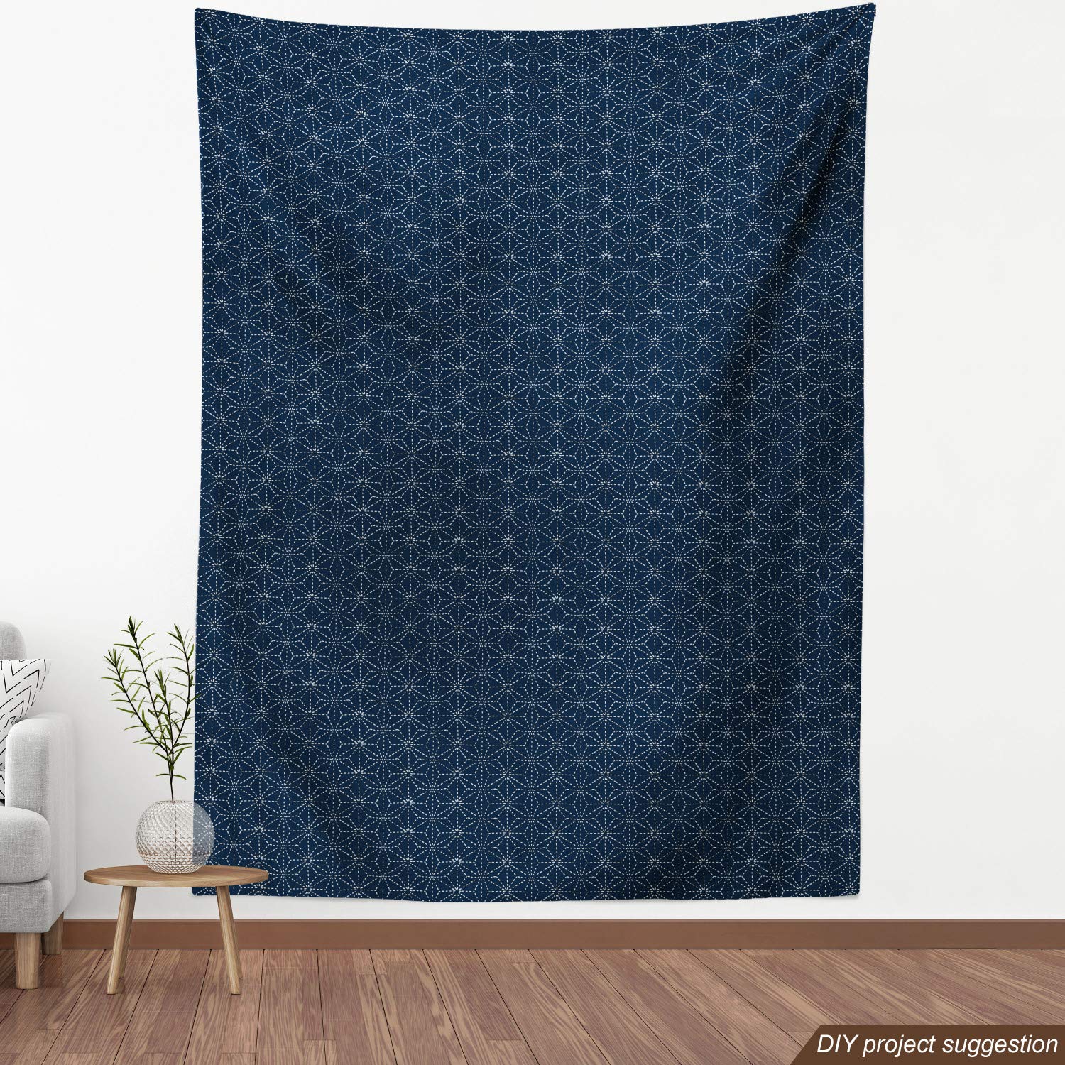 Lunarable Japanese Fabric by The Yard, Oriental Motifs with Dotted Lines Geometric Shapes on Blue Shade Backdrop, Decorative Fabric for Upholstery and Home Accents, Indigo and White