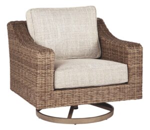 signature design by ashley beachcroft outdoor swivel wicker patio lounge chair, beige