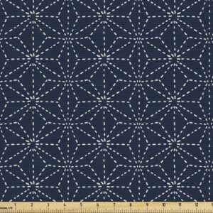 lunarable japanese fabric by the yard, oriental motifs with dotted lines geometric shapes on blue shade backdrop, decorative fabric for upholstery and home accents, indigo and white