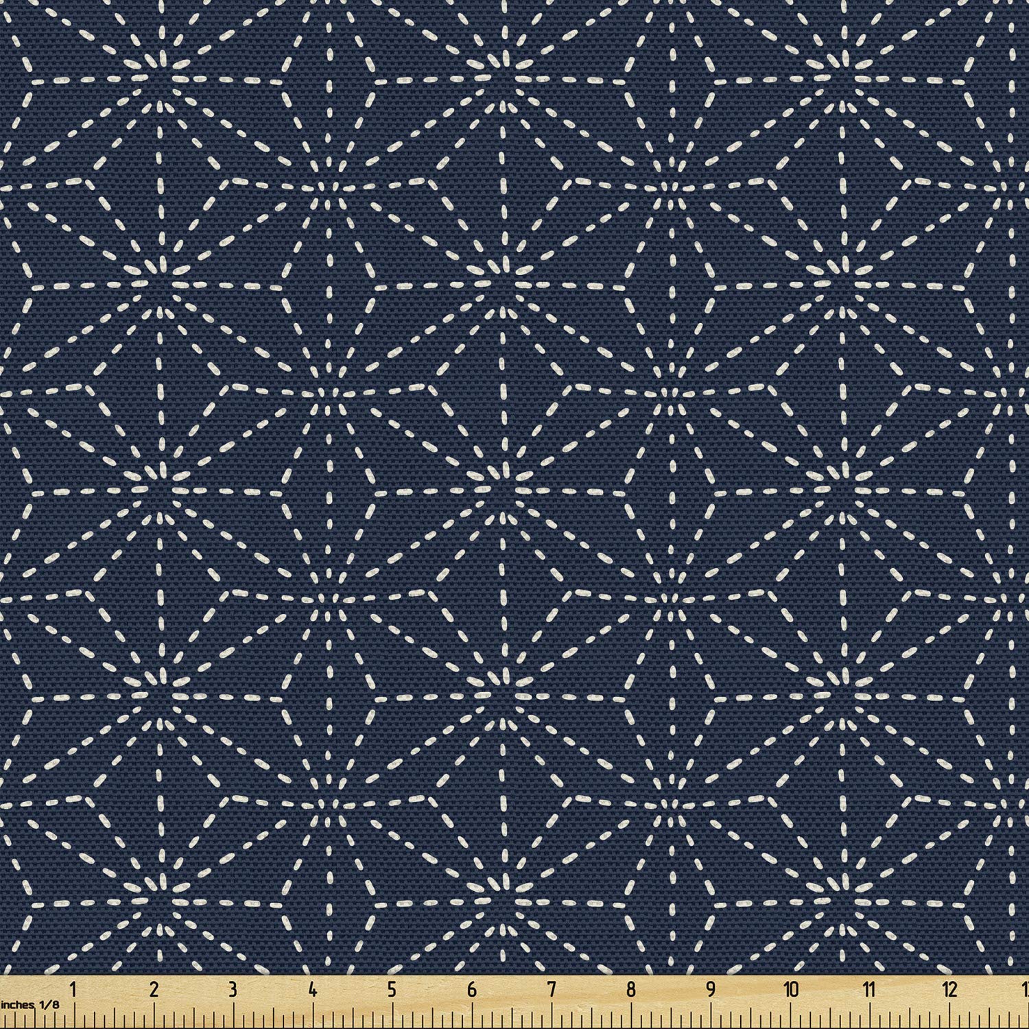 Lunarable Japanese Fabric by The Yard, Oriental Motifs with Dotted Lines Geometric Shapes on Blue Shade Backdrop, Decorative Fabric for Upholstery and Home Accents, Indigo and White