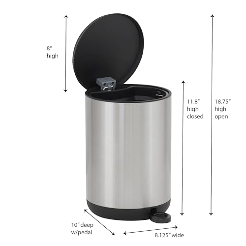 Design Trend 5 Liter Small Round Stainless Steel Step Trash Can with Soft Close Lid 1.3 Gallon, Silver