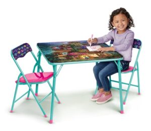 disney's encanto kids folding table & chairs set for kid and toddler 36 months up to 7 years, includes: 1 table (36"l x 24"w x 20"h), 2 chairs (13"l x 13.5"w x 21"h) weight limit: 70 lb