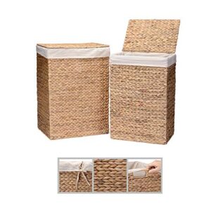 Handmade Wicker Laundry Hampers - Set of 2 Water Hyacinth Storage Baskets with Integrated Handles, Removable Liners, and Lids by Villacera (Natural)