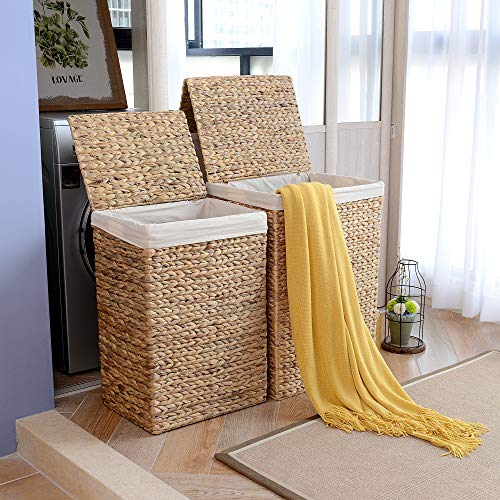 Handmade Wicker Laundry Hampers - Set of 2 Water Hyacinth Storage Baskets with Integrated Handles, Removable Liners, and Lids by Villacera (Natural)