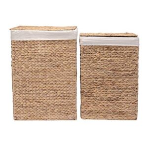 handmade wicker laundry hampers - set of 2 water hyacinth storage baskets with integrated handles, removable liners, and lids by villacera (natural)