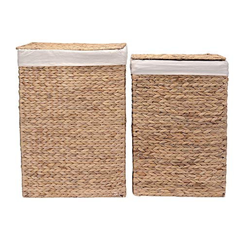 Handmade Wicker Laundry Hampers - Set of 2 Water Hyacinth Storage Baskets with Integrated Handles, Removable Liners, and Lids by Villacera (Natural)