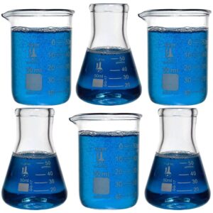 Laboratory Shot Glass Set, 6 Pieces, 50ml Beakers and 50ml Flasks, Borosilicate Glass, Karter Scientific 233V2