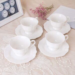 PULCHRITUDIE Fine China White Coffee Teacup and Saucer Sets, Set of Four