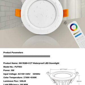 LGIDTECH FUT063 RGB CCT 6W LED Recessed Ceiling Downlight 4 Inch AC100-240V IP54 Must Work with Milight RGB+CCT Remote,B4 Panel Or Smartphone APP Control Via Gateway(Sold Separately)