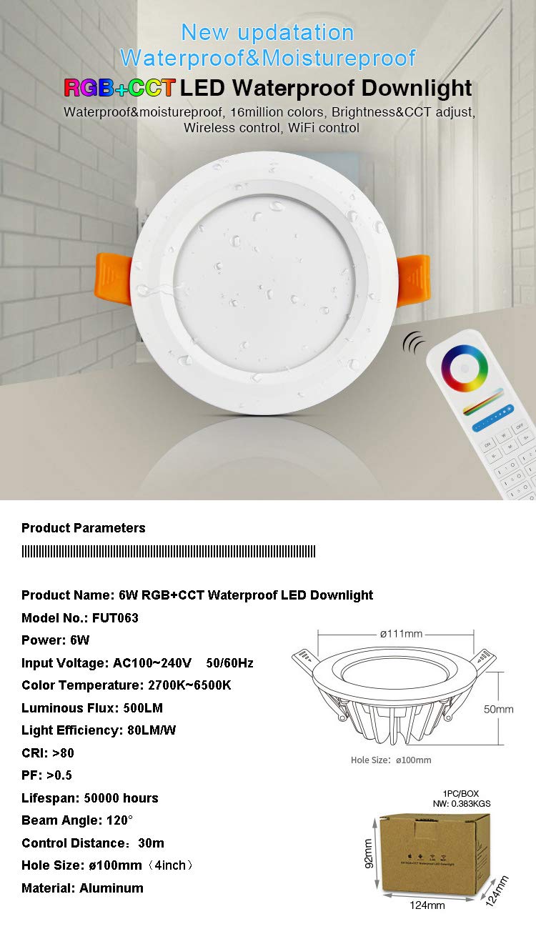 LGIDTECH FUT063 RGB CCT 6W LED Recessed Ceiling Downlight 4 Inch AC100-240V IP54 Must Work with Milight RGB+CCT Remote,B4 Panel Or Smartphone APP Control Via Gateway(Sold Separately)