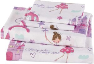 linen plus sheet set for girls/teens fairy tales castle princess carriage fairies magic pink lavender white flat sheet fitted sheet and pillow case twin size new