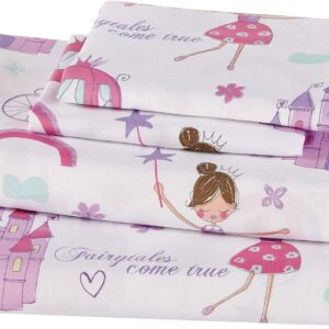 Linen Plus Sheet Set for Girls/Teens Fairy Tales Castle Princess Carriage Fairies Magic Pink Lavender White Flat Sheet Fitted Sheet and Pillow case Twin Size New