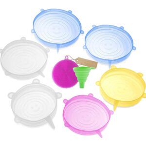 darunaxy 3.74'' diameter silicone stretch lids, 6 pcs assorted color same sizes and shape of containers,reusable, durable and expandable food covers, keeping food fresh, dishwasher and freeze