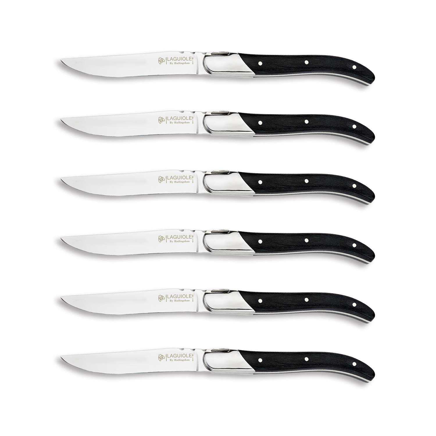 [Set of 6]Steak Knives, Hailingshan Stainless Steel Straight Blade Sharp Heavy-Duty Premium Dishwasher Safe Polished Table Dinner Cutlery Flatware Laguiole Steak Knife 22cm Gift Box-Black Wood Handle