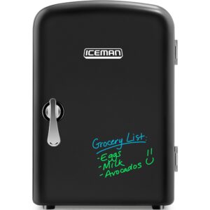 iceman mini portable board personal fridge, cools & heats, 4 liter capacity, chills 6 12oz, 100% freon-free & eco friendly, includes plugs for home outlet & 12v car charger, 6 cans, black dry erase