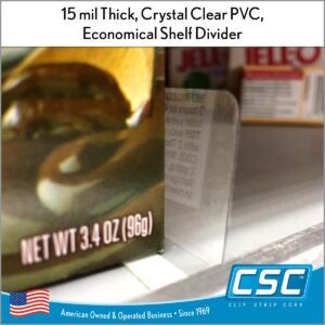 Clip Strip Shelf Dividers for Retail Stores - Lightweight, Clear Adhesive Mount 1" H x 11-9/16" L Corp., 15 mil Crystal Clear PVC, Retail Shelf Separator, Item SD-1512, Pack of 50